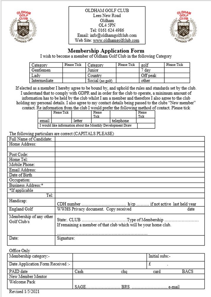 Apply Online - Oldham Golf Club