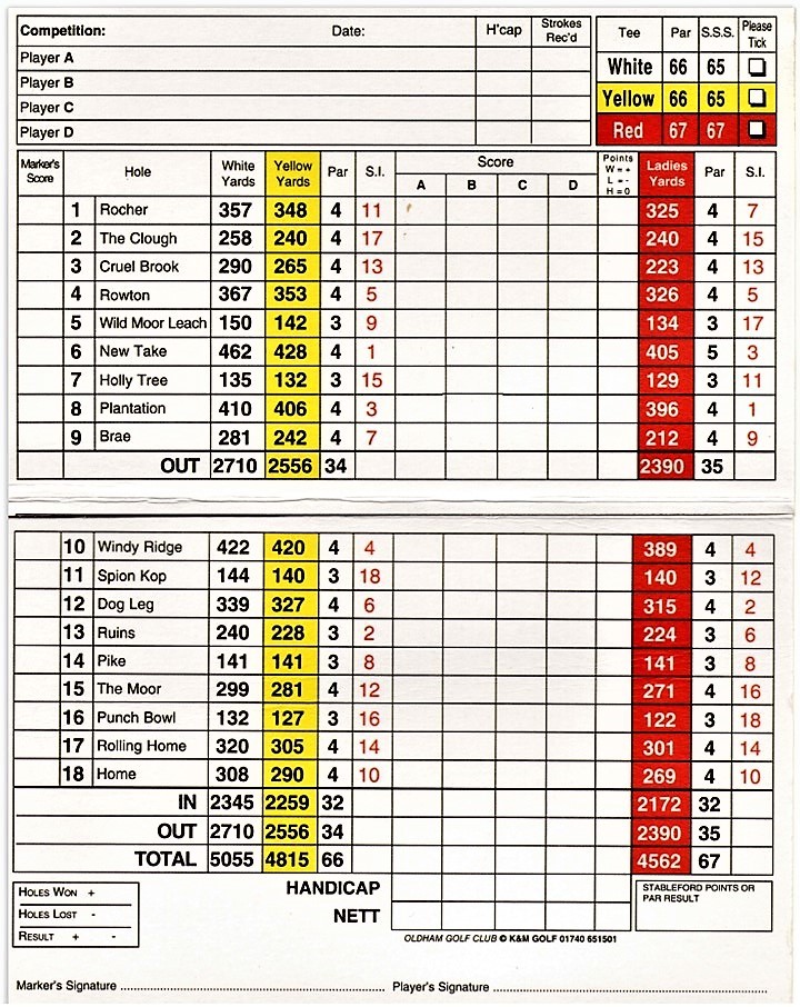 Scorecards - Oldham Golf Club
