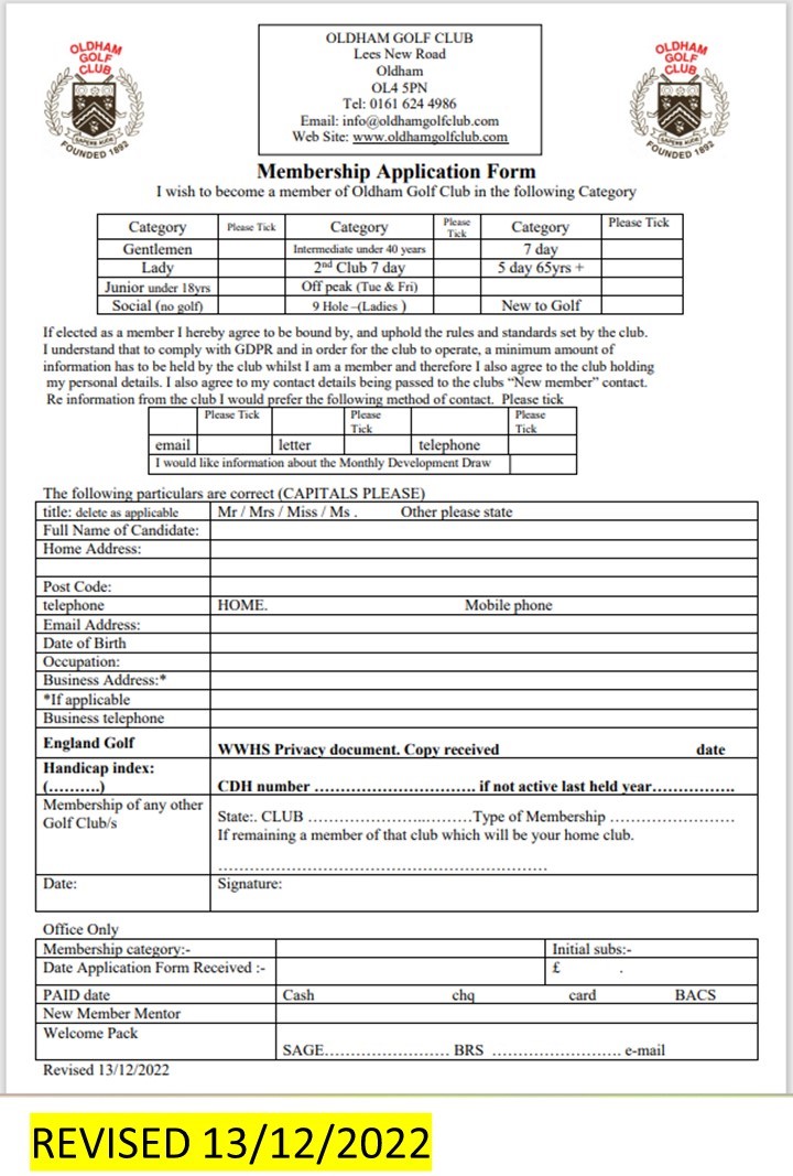 Apply Online - Oldham Golf Club